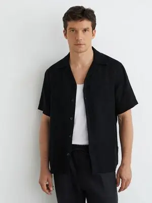 REISS Linen Cuban-collar Shirt - Black