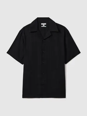 REISS Linen Cuban-collar Shirt - Black