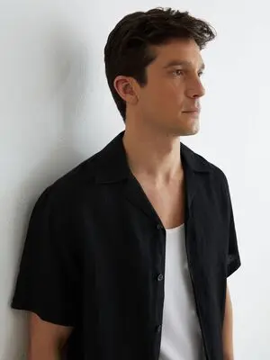 REISS Linen Cuban-collar Shirt - Black