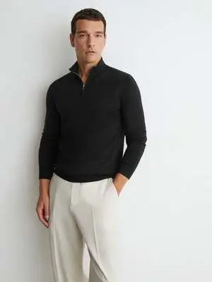 REISS Airforce Blue & Oatmeal Merino Wool Half-zip Funnel-neck Jumper - Black