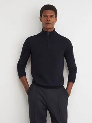 REISS Airforce Blue & Oatmeal Merino Wool Half-zip Funnel-neck Jumper - Navy
