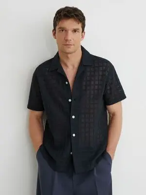 REISS Cotton-blend Crochet Tile-pattern Shirt