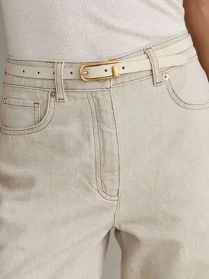REISS Slim Leather Half-keeper Belt - Stone