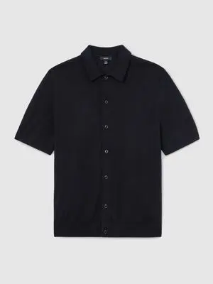REISS Merino Wool Button-through Shirt - Navy