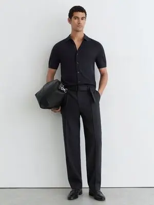 REISS Merino Wool Button-through Shirt - Navy