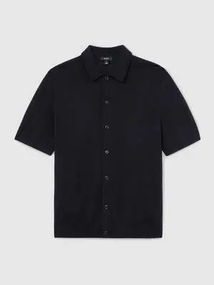 REISS Merino Wool Button-through Shirt - Navy