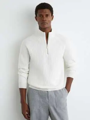REISS Textured-knit Half-zip Jumper With Wool - White