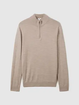 REISS Merino Wool Half Zip Funnel Neck Jumper - Beige