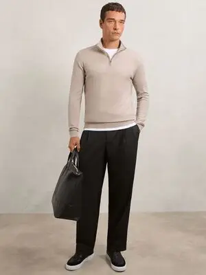 REISS Merino Wool Half Zip Funnel Neck Jumper - Beige