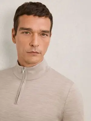 REISS Merino Wool Half Zip Funnel Neck Jumper - Beige