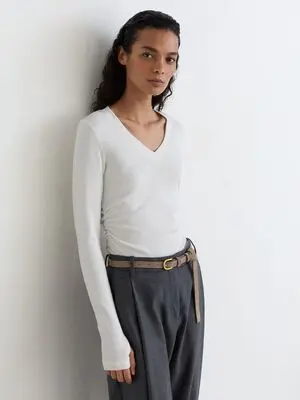REISS Cotton-stretch V-neck Ruched Top - White