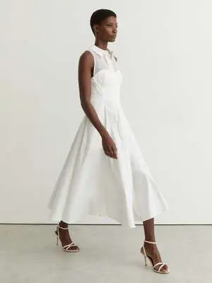 REISS Cotton Broderie-detail Midi Dress With Stretch - Ivory