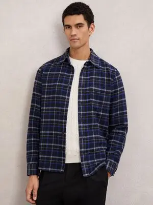 REISS Check Button-through Overshirt With Wool - Navy