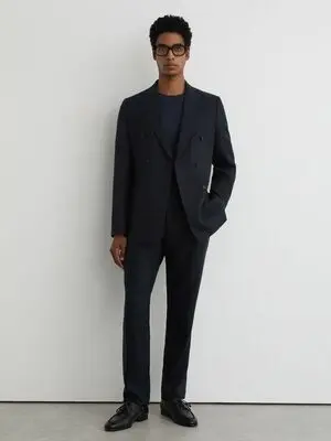 REISS Tailored Fit Linen Trousers - Navy