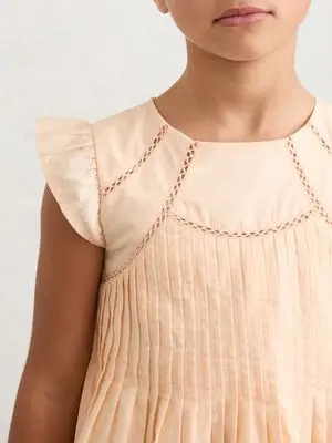 REISS 9-13 Yrs Cotton Embroidered Pintuck Dress - Peach