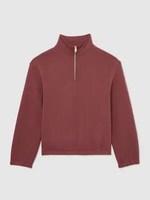 REISS Cotton-blend Washed Half-zip Sweatshirt - Raspberry Pink