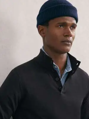 REISS Merino Wool Half-button Funnel Jumper - Navy