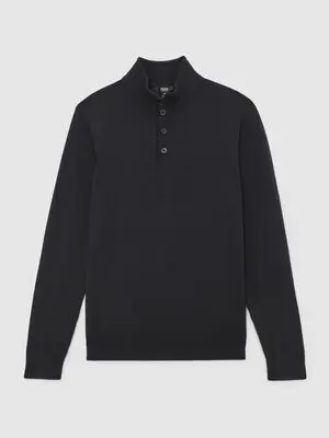 REISS Merino Wool Half-button Funnel Jumper - Navy