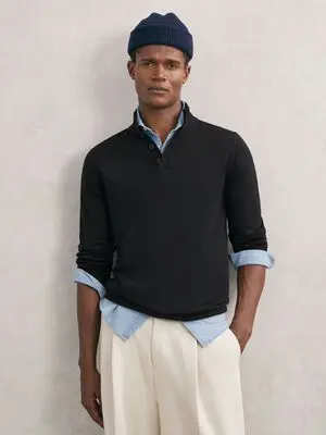 REISS Merino Wool Half-button Funnel Jumper - Navy