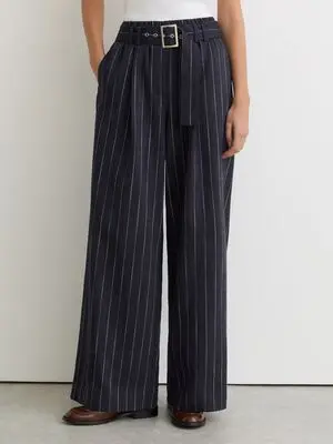 REISS Petite Pinstripe Belted Wide-leg Trousers - Navy