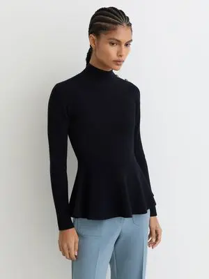 REISS Rib-knit High-neck Peplum Top - Navy