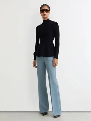REISS Rib-knit High-neck Peplum Top - Navy