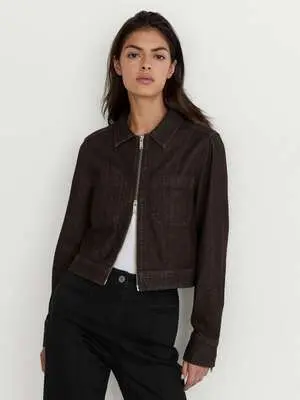 REISS Cropped Zip-through Denim Jacket - Dark Grape