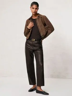 REISS Petite Leather Slim-leg Trousers - Chocolate