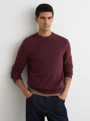 REISS Wool-blend Rib-detail Crew-neck Jumper - Grape