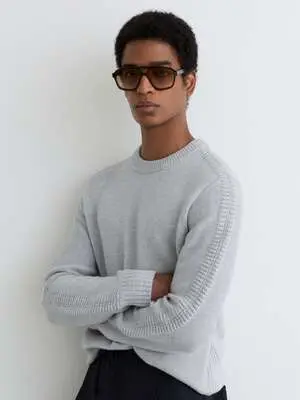 REISS Wool-blend Rib-detail Crew-neck Jumper - Soft Grey