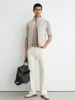 REISS Funnel-neck Quilted Gilet - Oatmeal
