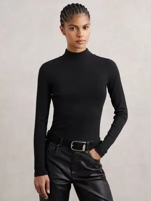 REISS Stretch-cotton Funnel-neck Top - Black
