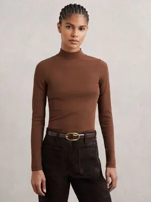 REISS Stretch-cotton Funnel-neck Top Brown