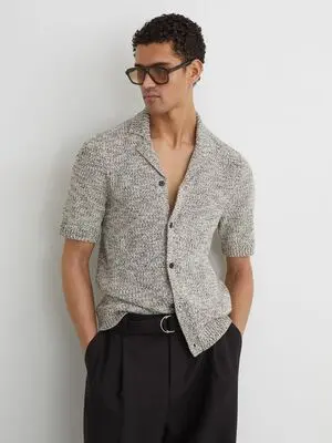 REISS Marled Cuban-collar Knitted Shirt - Natural