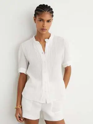 REISS Cotton Cheesecloth Pleated Top - Ivory
