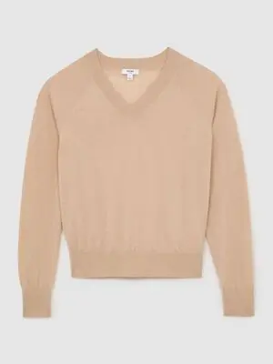 REISS Merino Wool V-neck Jumper - Camel