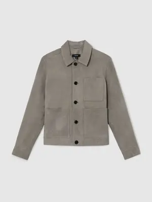 REISS Suede Button-through Trucker Jacket - Grey