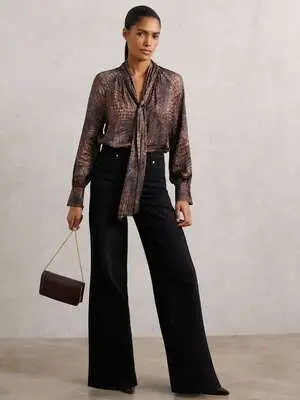 REISS Crocodile-print Tie-neck Blouse - Brown