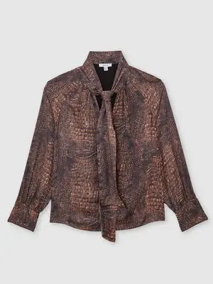 REISS Crocodile-print Tie-neck Blouse