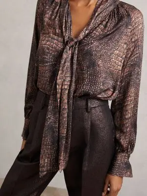 REISS Crocodile-print Tie-neck Blouse