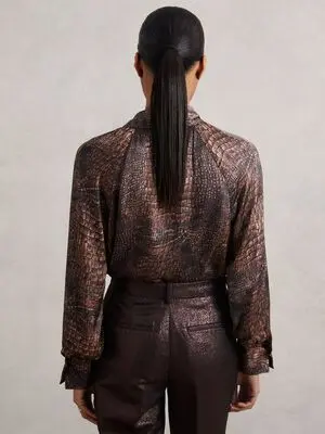 REISS Crocodile-print Tie-neck Blouse