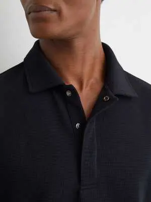 REISS Textured Concealed-placket Polo Shirt - Navy