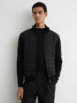 REISS Quilted Rib-knit Funnel-neck Jacket - Black