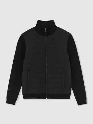 REISS Quilted Rib-knit Funnel-neck Jacket - Black