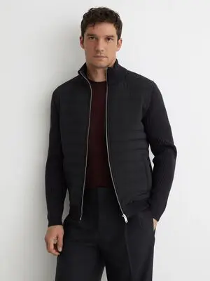 REISS Quilted Rib-knit Funnel-neck Jacket - Navy