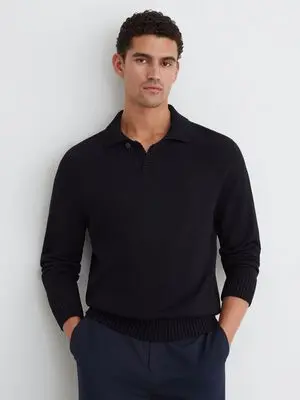 REISS Cotton Open-collar Polo Jumper - Navy