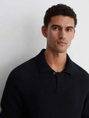 REISS Cotton Open-collar Polo Jumper - Navy
