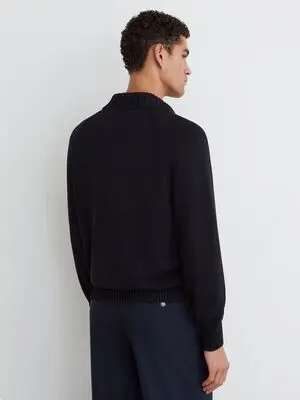 REISS Cotton Open-collar Polo Jumper - Navy