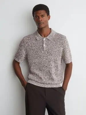 REISS White & Camel Cotton-blend Half-button Marled Polo - White/camel