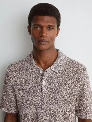REISS Bordeaux & Ecru Cotton-blend Half-button Marled Polo - White/camel
